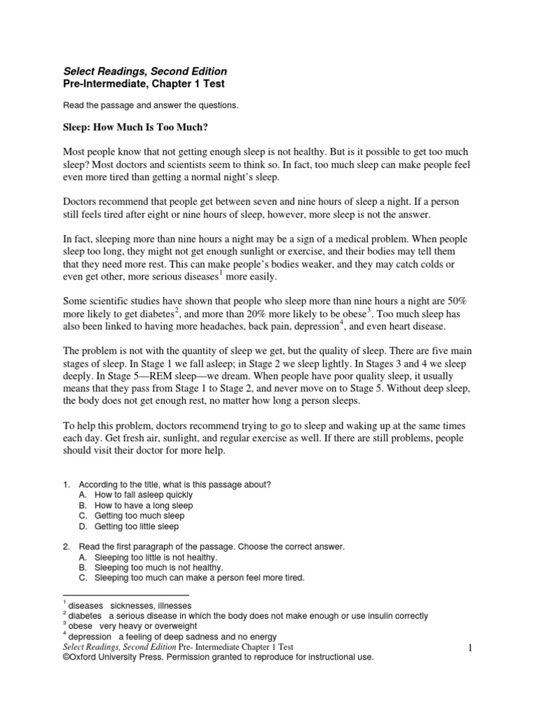 Pre-Intermediate, Chapter 1 Test: Select Readings, Second Edition | PDF ...