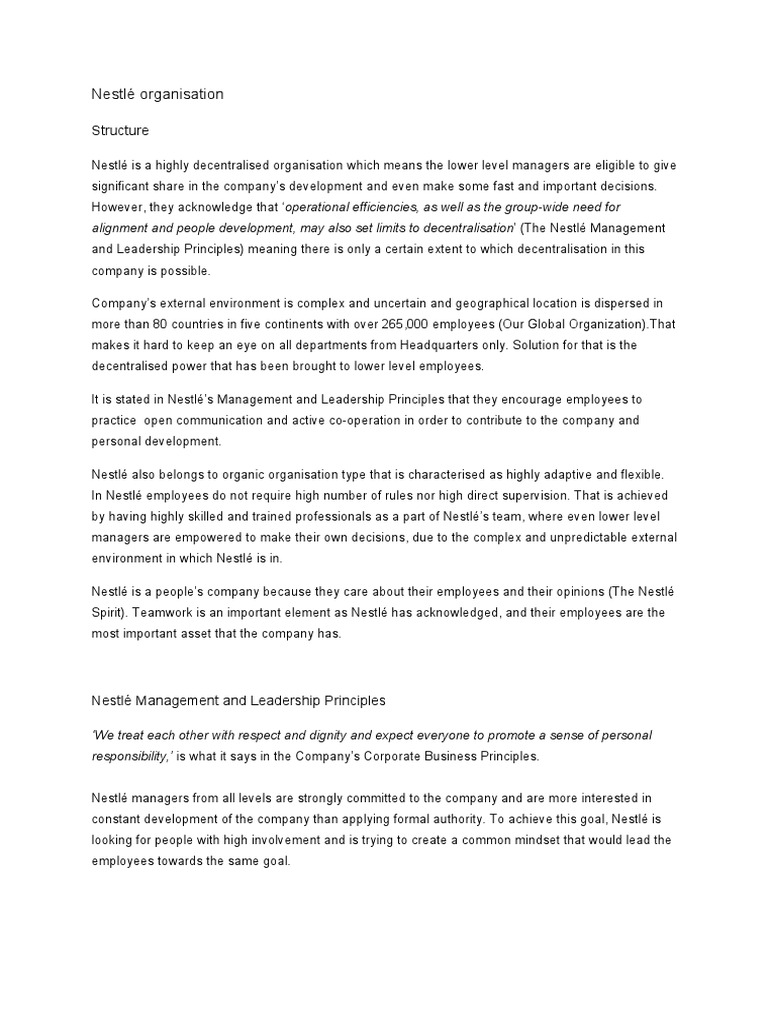 Nestlé Organisation: Structure | PDF | Leadership | Employment