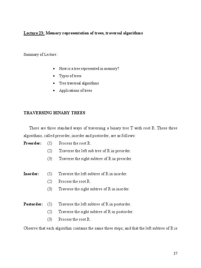 Lecture 23: Memory Representation of Trees, Traversal Algorithms | PDF | Pointer (Computer ...