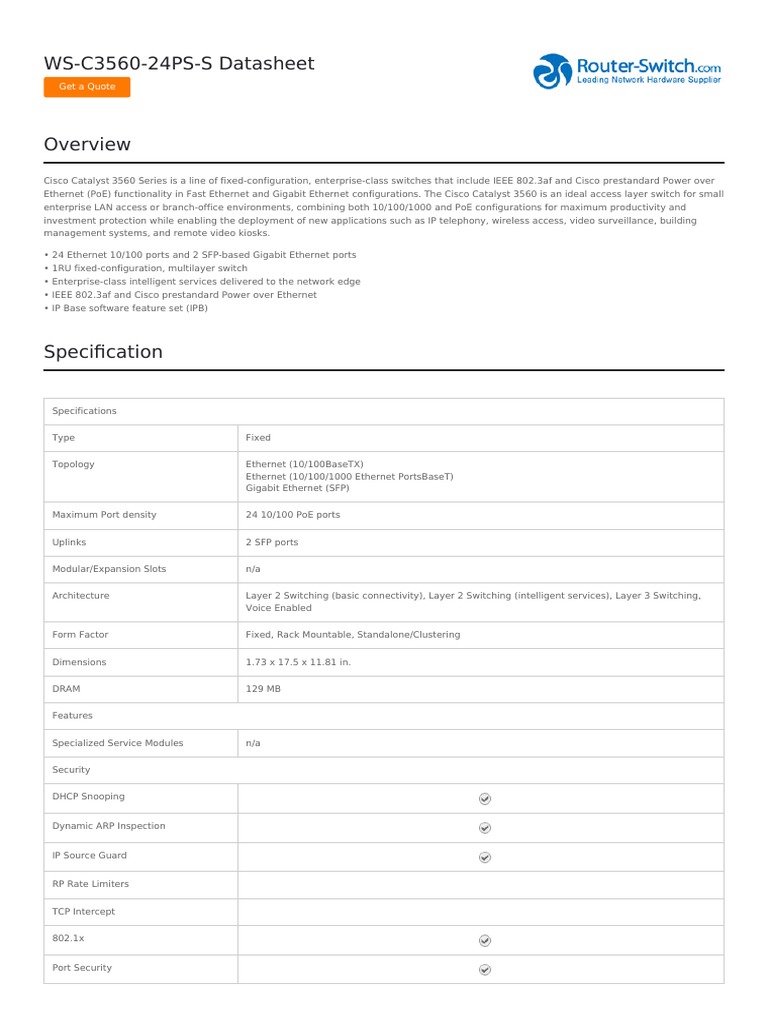 Cisco 3560-24PS-S Switch Datasheet | PDF | Network Switch | Ethernet