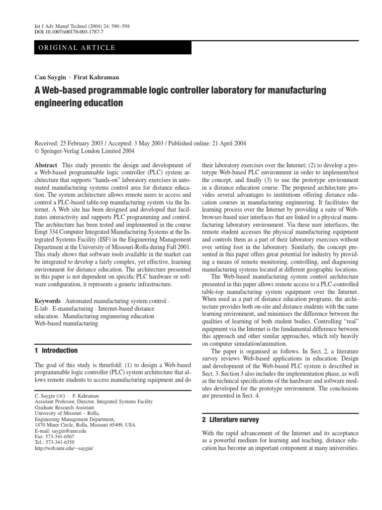 A Web-Based Programmable Logic Controller Laboratory For Manufacturing Engineering Education ...