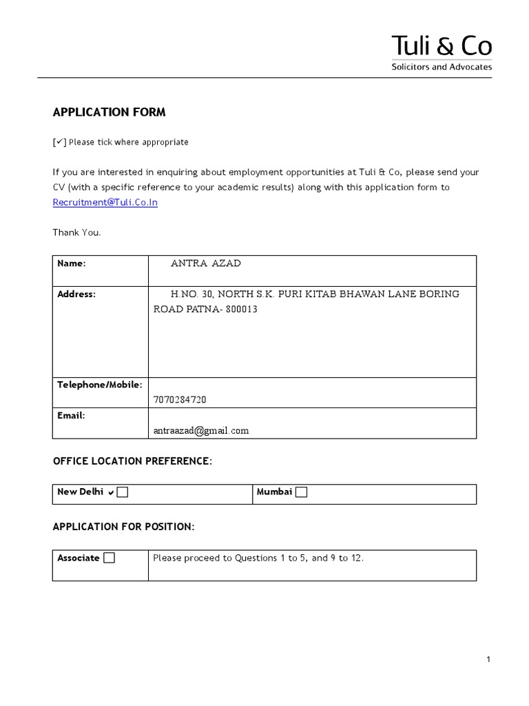Tuli Co Application Form | PDF | Expert | Learning