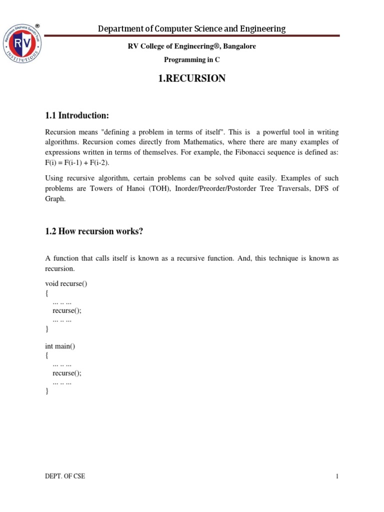 1recursion Department Of Computer Science And Engineering Pdf Pointer Computer