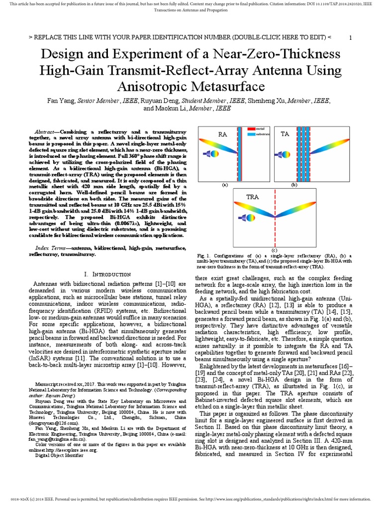 Design and Experiment of A Near-Zero-Thickness High-Gain Transmit-Reflect-Array Antenna Using ...