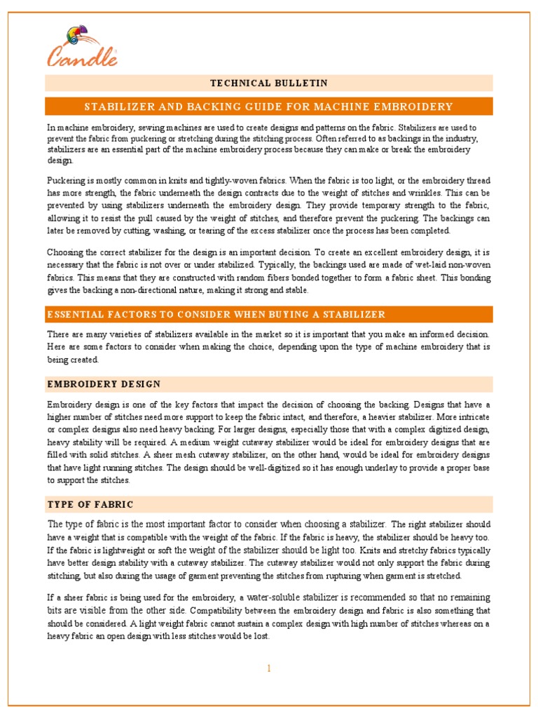 Stabilizer and Backing Guide For Machine Embroidery | PDF | Embroidery ...