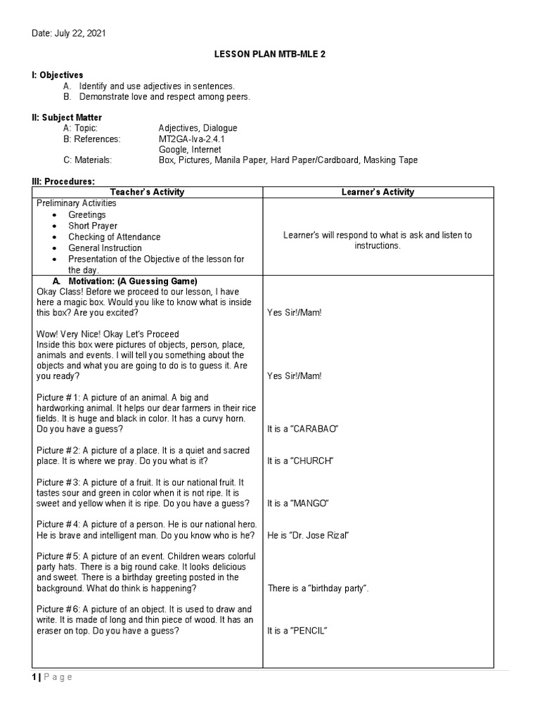 Lesson Plan Mtb-Mle 2 I: Objectives | PDF