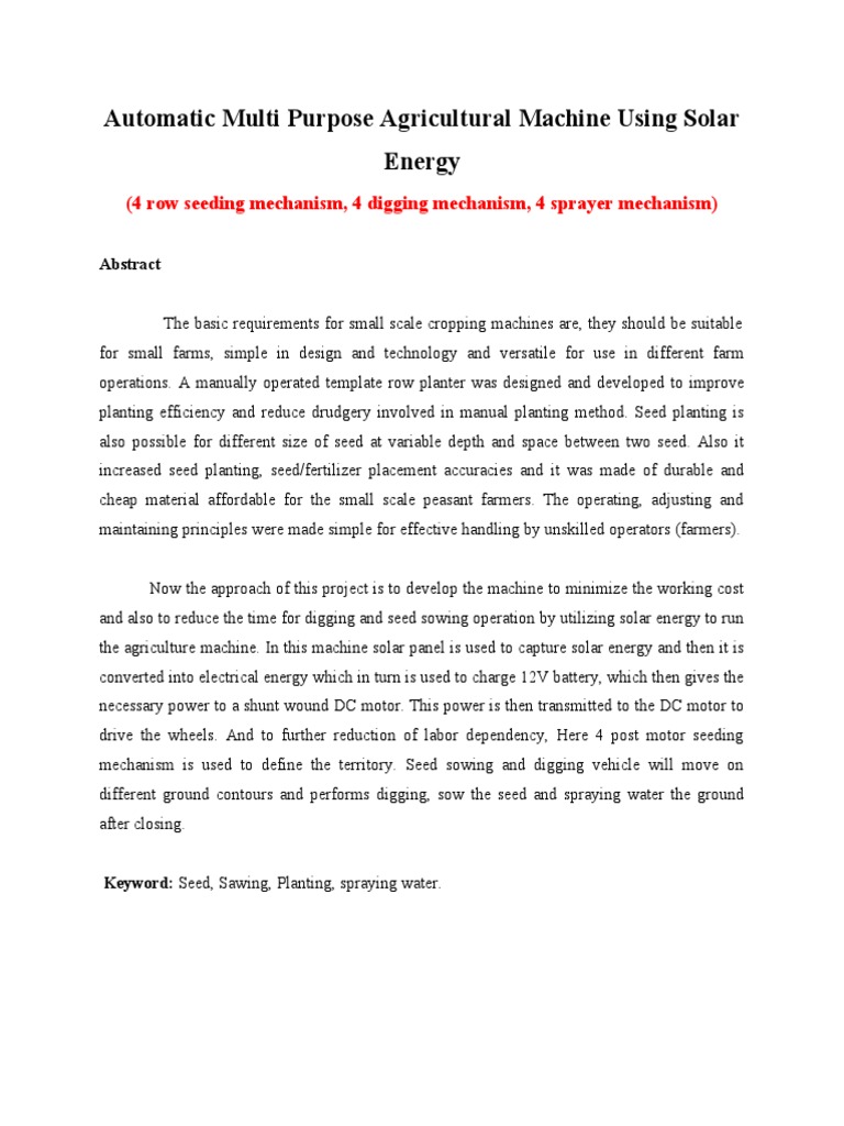 Automatic Multi Purpose Agricultural Machine Using Solar Energy | PDF ...