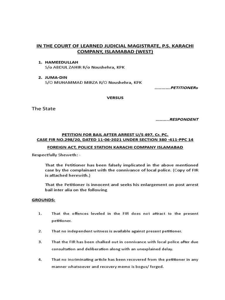 Post-Arrest Bail Petition Under PPC 380 | PDF | Bail | Arrest