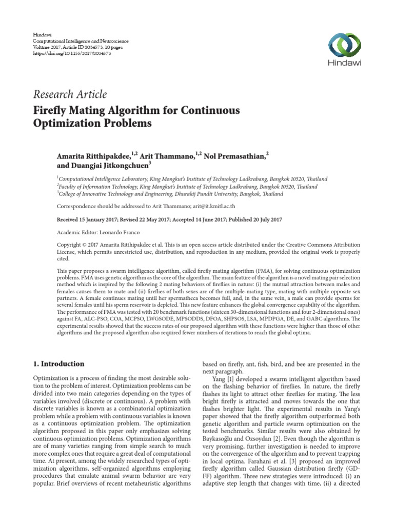 Research Article: Firefly Mating Algorithm For Continuous Optimization ...