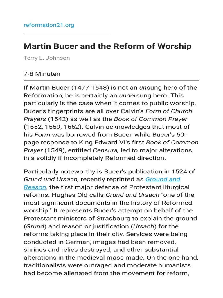 Martin Bucer and The Reform of Worship | PDF | Eucharist | Christianity