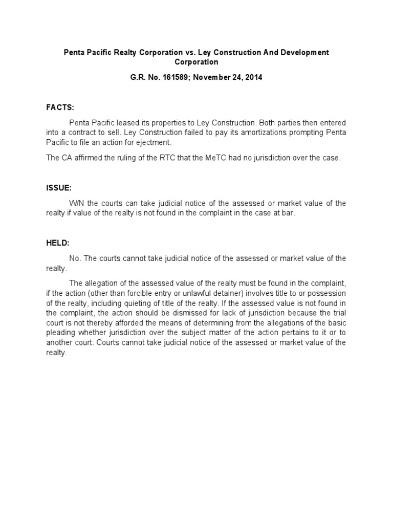 Penta Pacific Realty Corporation Vs Ley Corp - MONTEJO | PDF