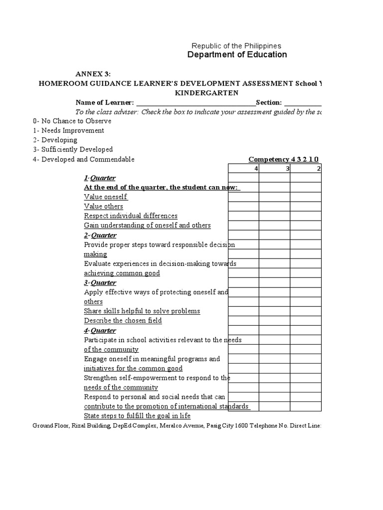 Learners Development Assessment Tool Homeroom Guidance | PDF | Learning ...