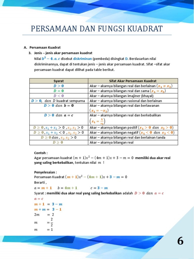 Sifat dan Jenis Akar Persamaan Kuadrat | PDF | Metode & Bahan Ajar