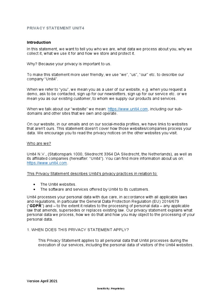 Unit4 Privacy Policy June 2018 English | PDF | Information Privacy | Http Cookie