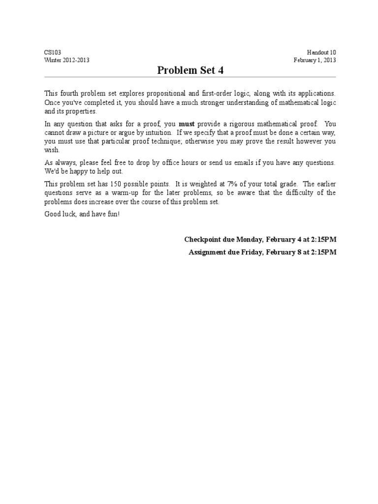 100 Problem Set 4 | PDF | First Order Logic | Mathematical Logic