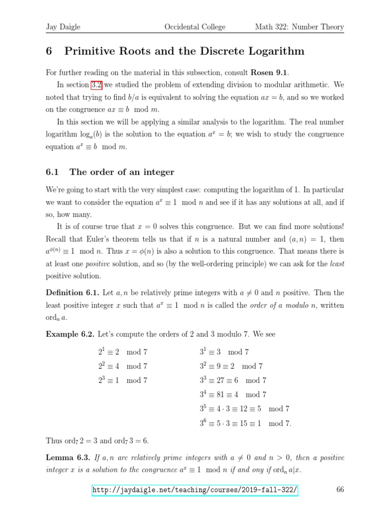 6 Primitive Roots and The Discrete Logarithm: 6.1 The Order of An ...