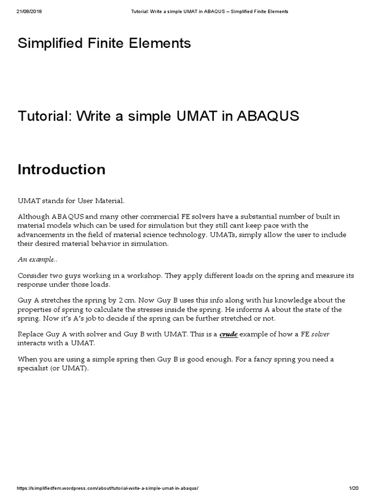 Tutorial - Write A Simple UMAT in ABAQUS - Simplified Finite Elements | PDF | Elasticity ...
