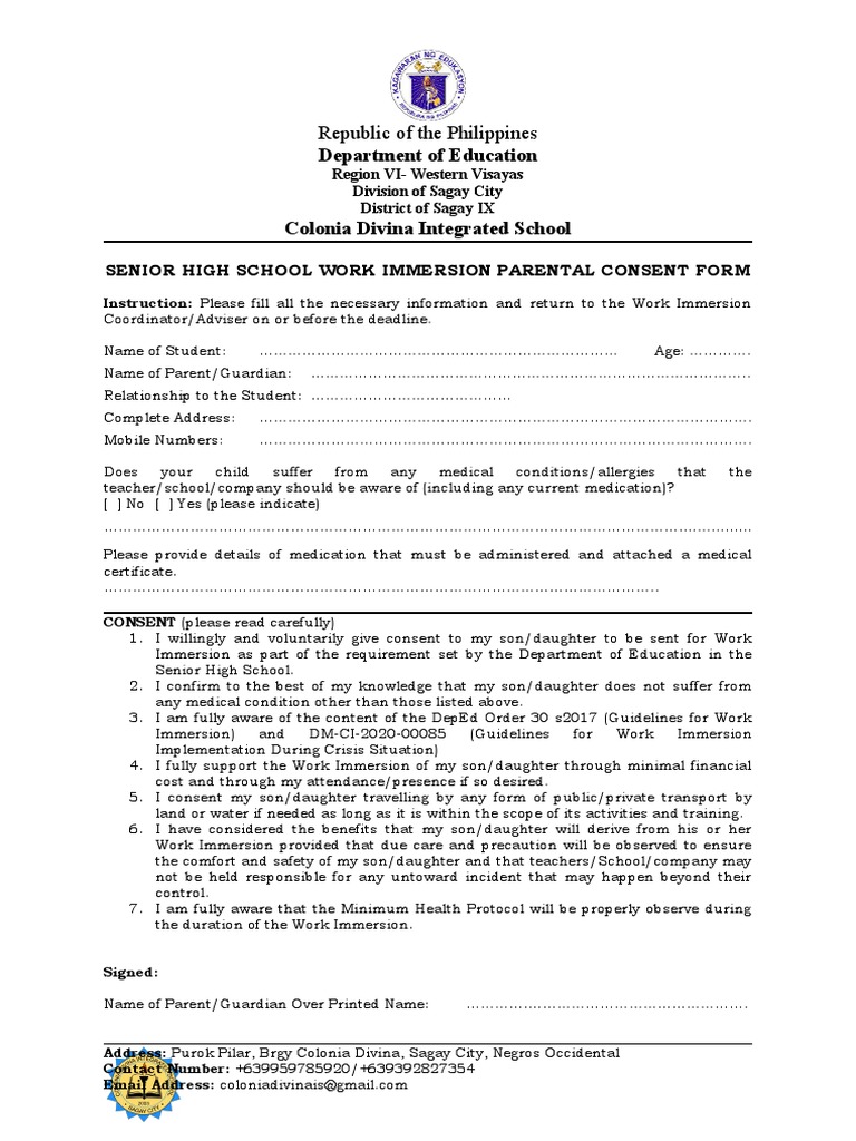 Senior High School Work Immersion Consent | PDF | Health Sciences | Health Care