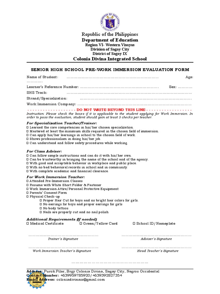 Pre Work Immersion Evaluation Form | PDF | Learning | Behavior Modification