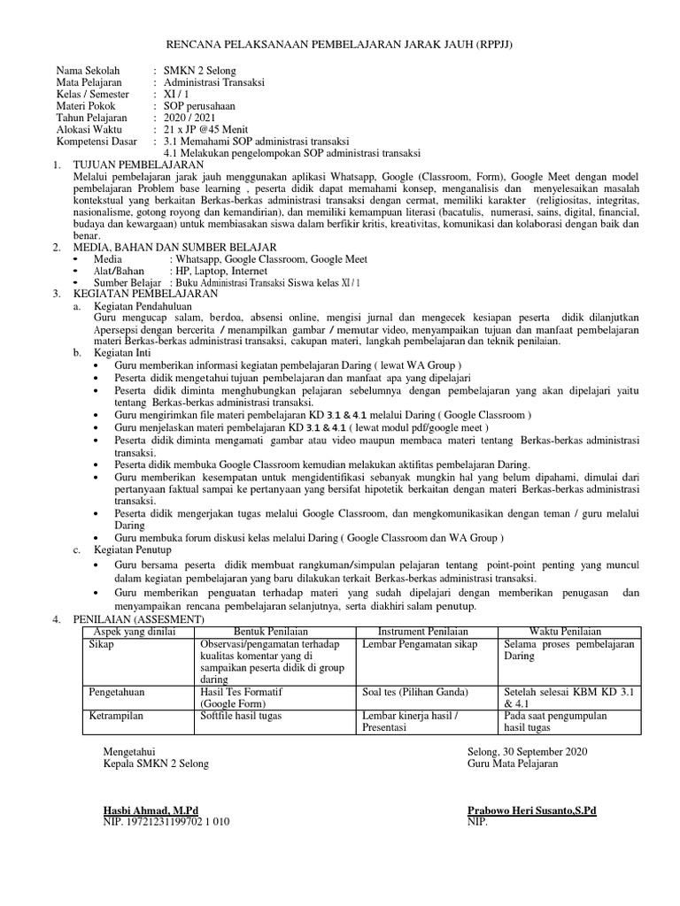 RPP ADT XI BDP KD.3.1 Memahami SOP Adm. Transaksi | PDF