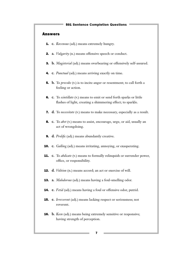 Sentence Completion Answers | PDF