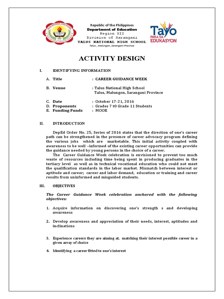 Career Guidance Week Activity Design | PDF | Vocational Education ...
