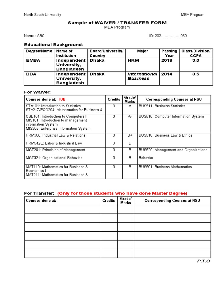 Sample of Waiver Form-MBA | PDF | Master Of Business Administration ...