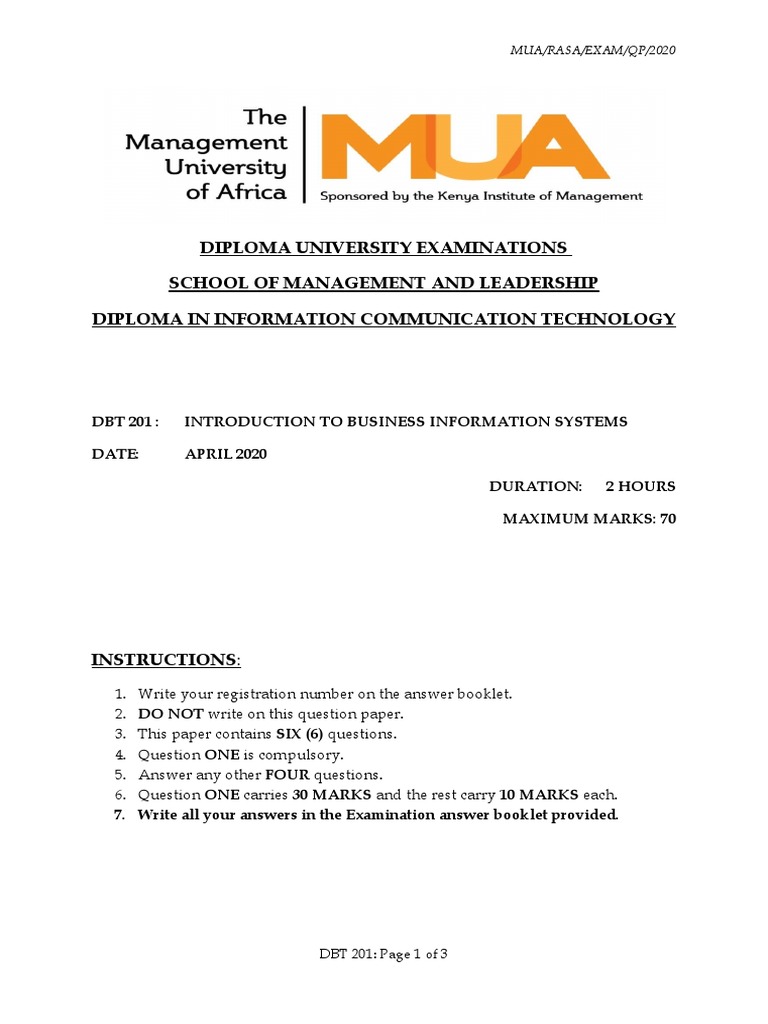 Diploma University Examinations School of Management and Leadership ...