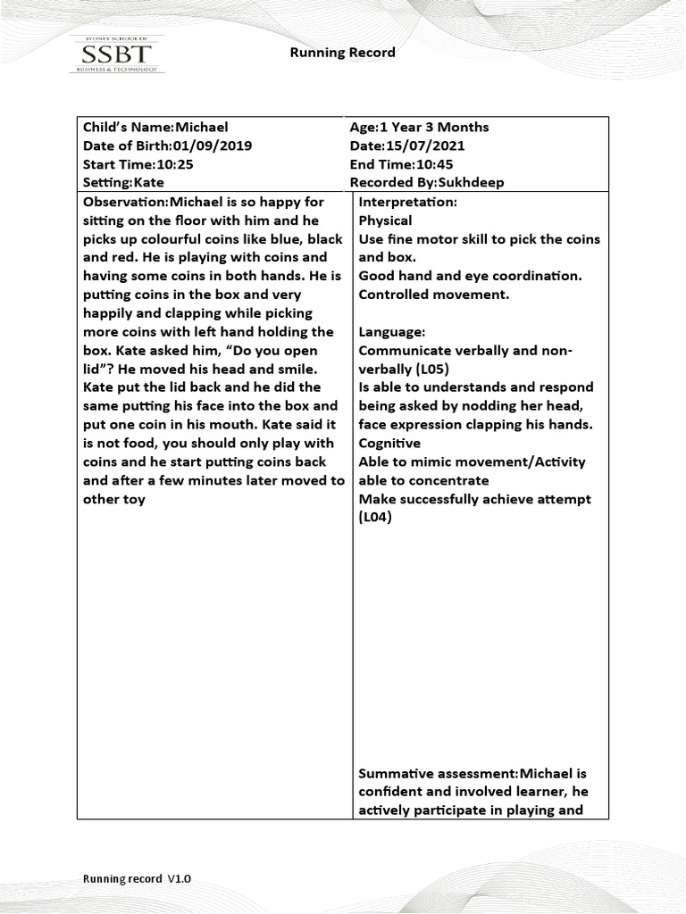 Running Record Template | PDF | Learning | Psychology