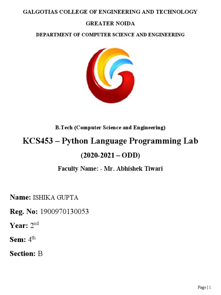 KCS453 - Python Language Programming Lab: Name: Reg. No: 1900970130053 Year: 2 Sem: 4 Section: B ...