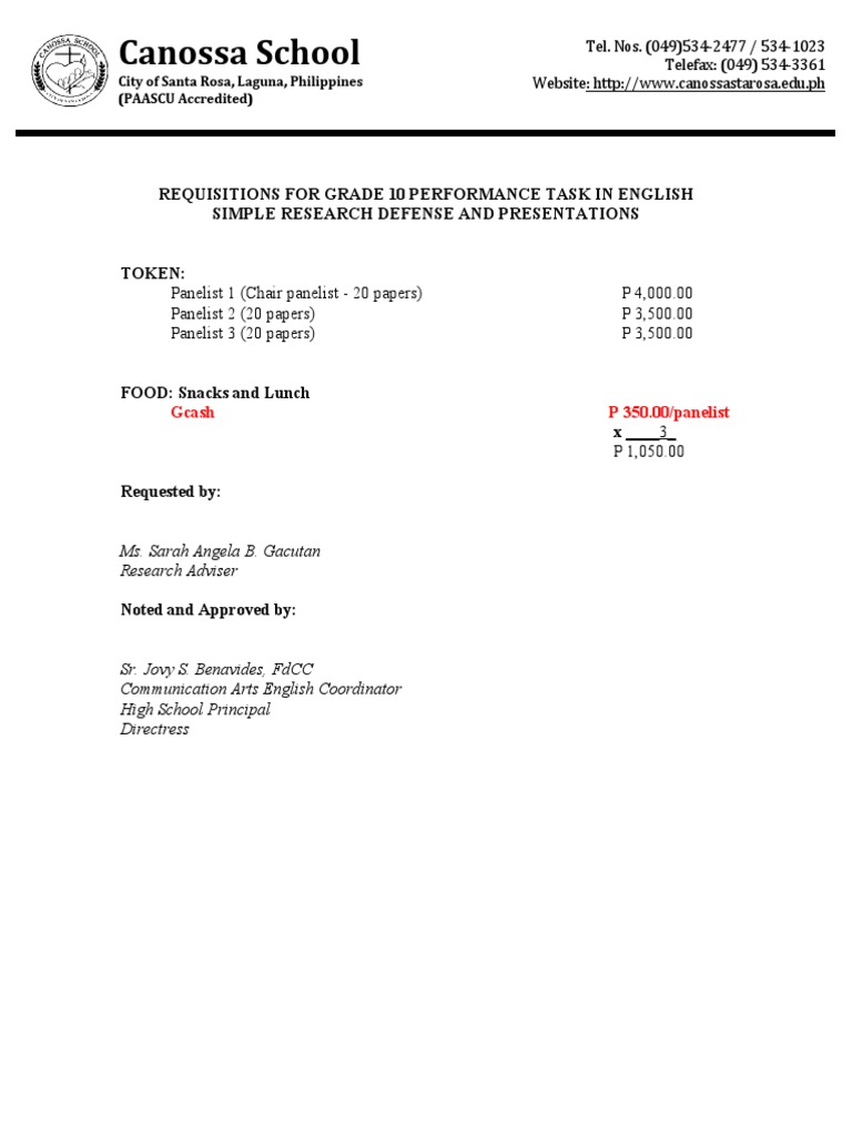 Canossa School: Requisitions For Grade 10 Performance Task in English ...
