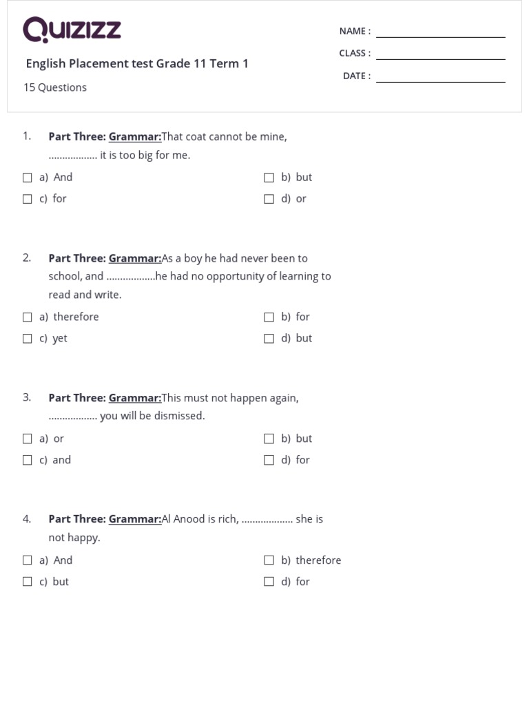 Grade 11 English Placement Test | PDF
