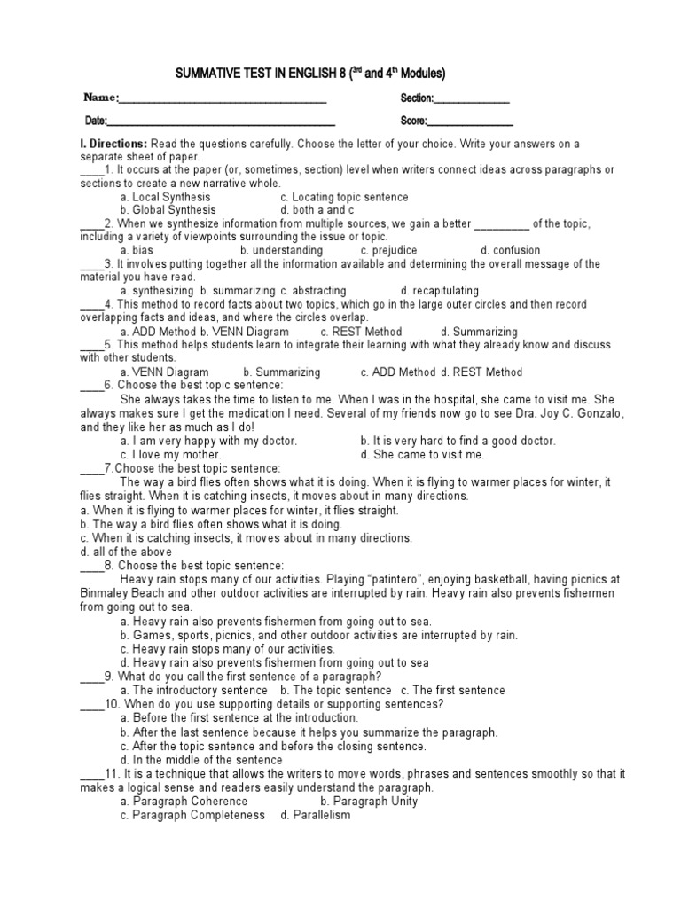 Second Summative 4th Quarter | PDF | Subject (Grammar) | Sentence ...