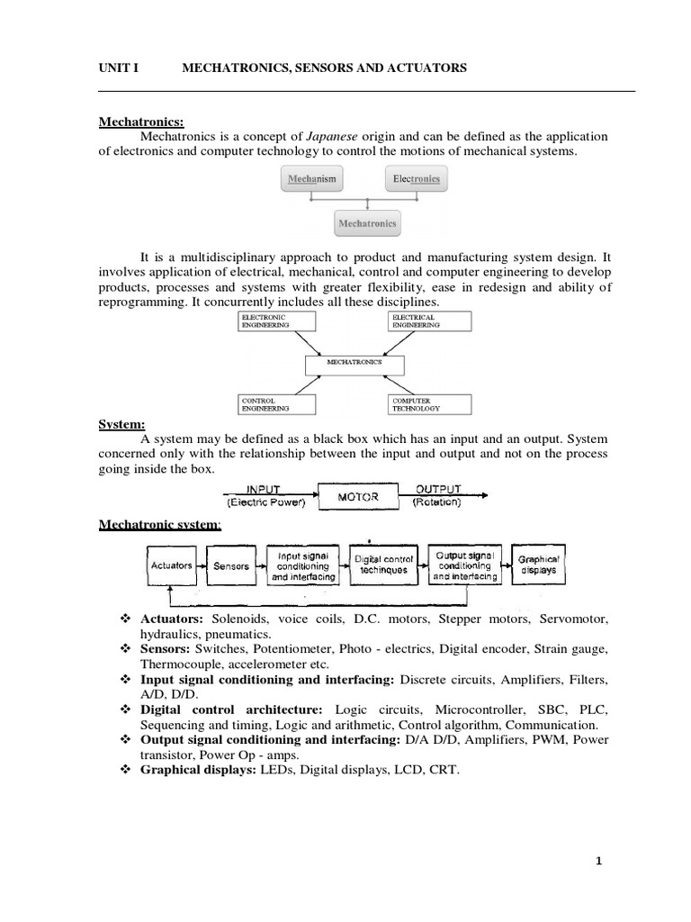 Mechatronics:: Unit I Mechatronics, Sensors and Actuators | PDF | Operational Amplifier | Amplifier