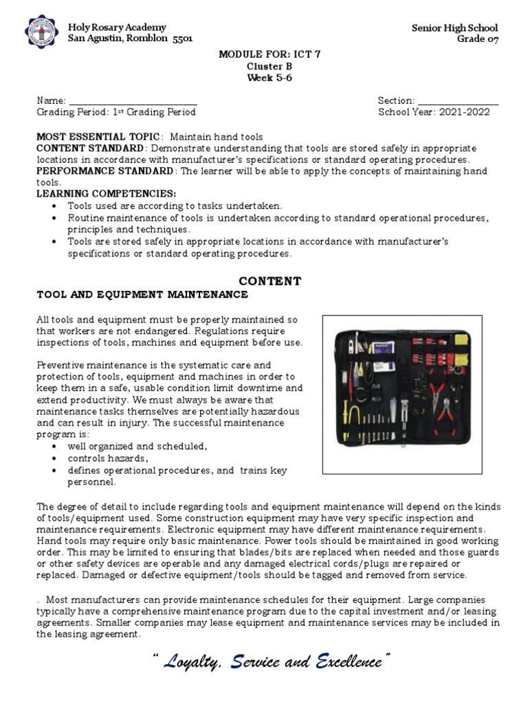 Grade 7 ICT Module: Tool Maintenance | PDF | Tools | Educational Technology