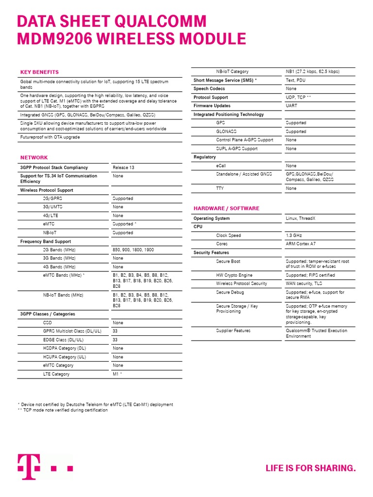 Data Sheet Qualcomm Mdm9206 Wireless Module: Key Benefits | PDF | Electronics | Computer Engineering