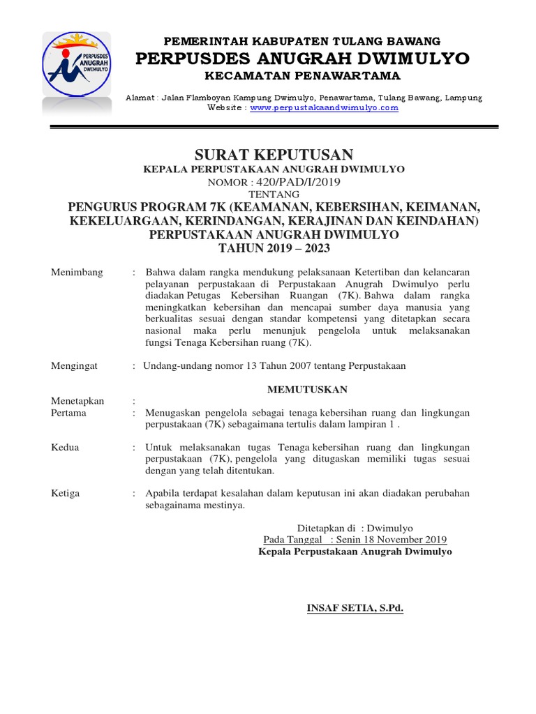 Penetapan Pengurus Program 7K Perpustakaan | PDF