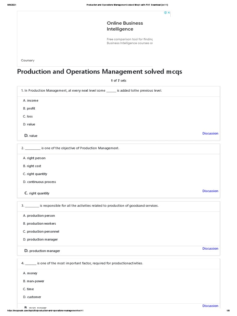 Production and Operations Management Solved MCQS: Online Business ...