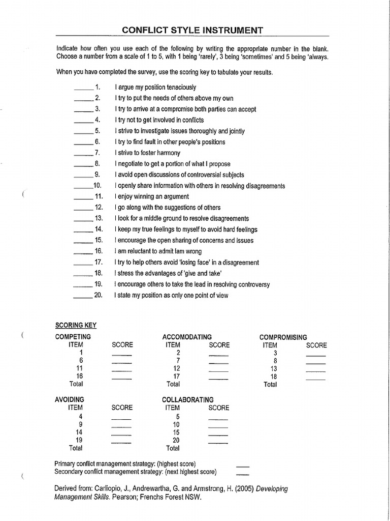 Conflict Style Inventory | PDF