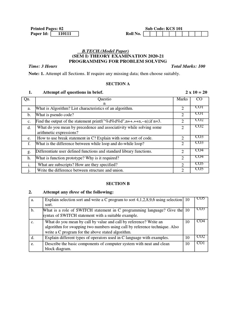 B.TECH. (Model Paper) : (Sem I) Theory Examination 2020-21 Programming ...