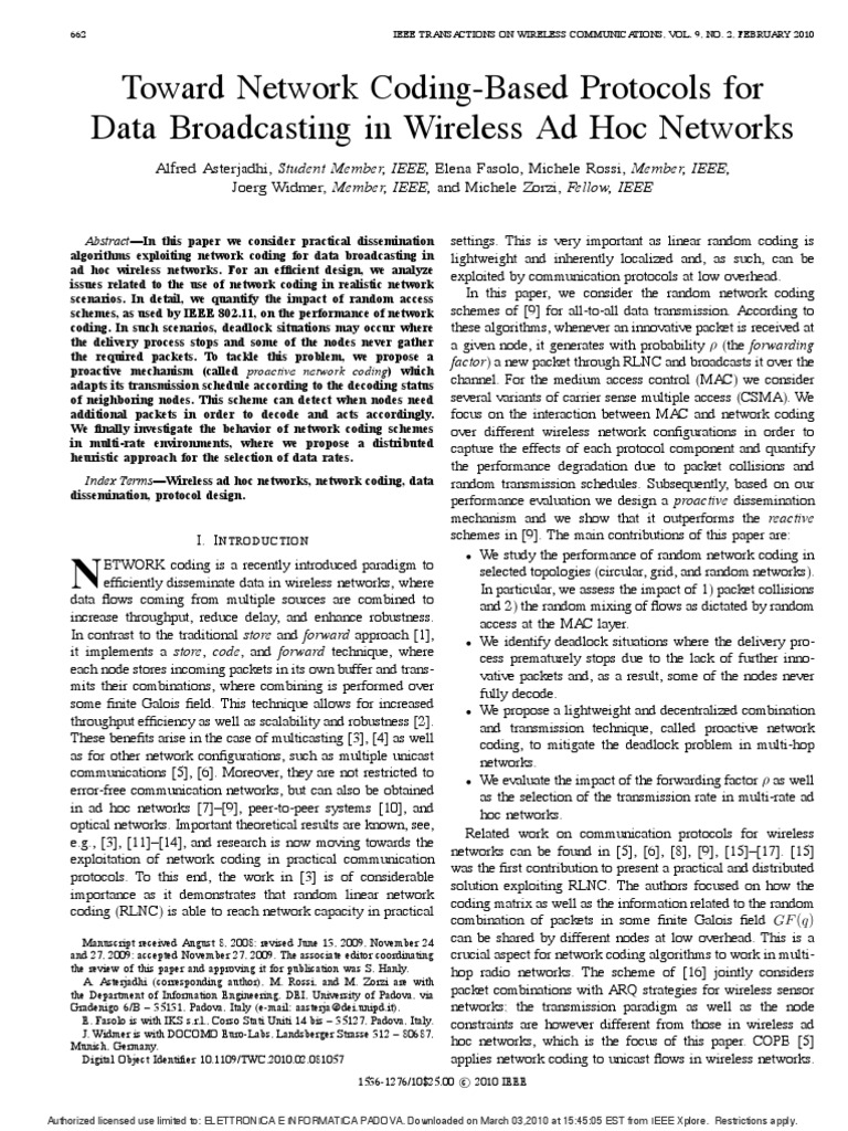 Toward Network Coding-Based Protocols For Data Broadcasting in Wireless Ad Hoc Networks | PDF ...