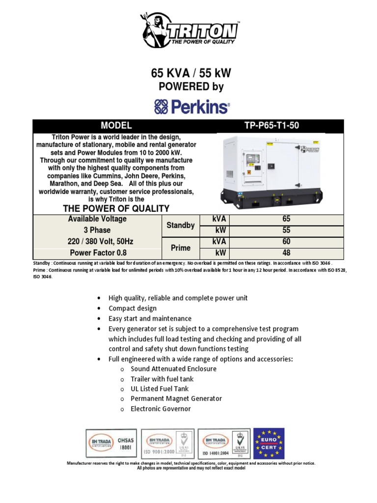 65 KVA Perkins Diesel Generator Set - Non EPA - 50Hz TP-P65-T1-50 | PDF ...