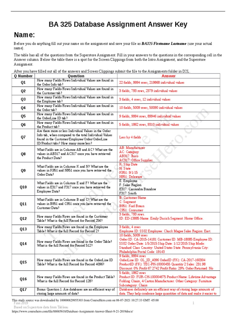 Database Assignment Answer Sheet 9-21-2019 | PDF | Business | Databases