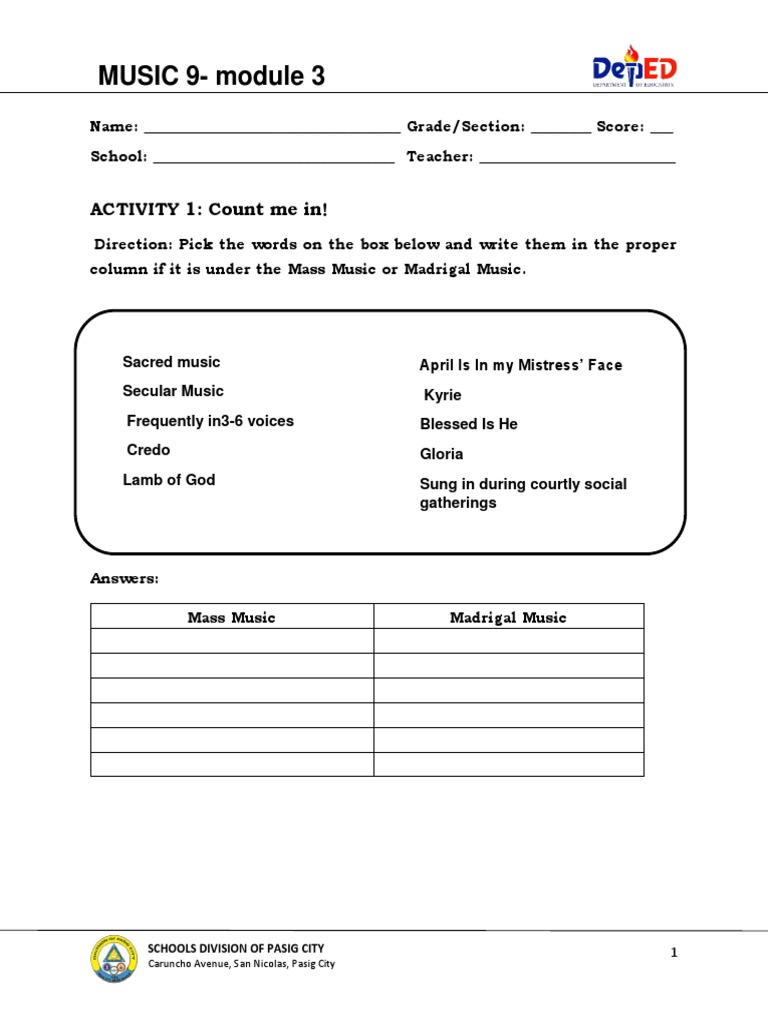 Music Module 3 Worksheet | PDF | Mass (Liturgy) | Christian Worship And ...