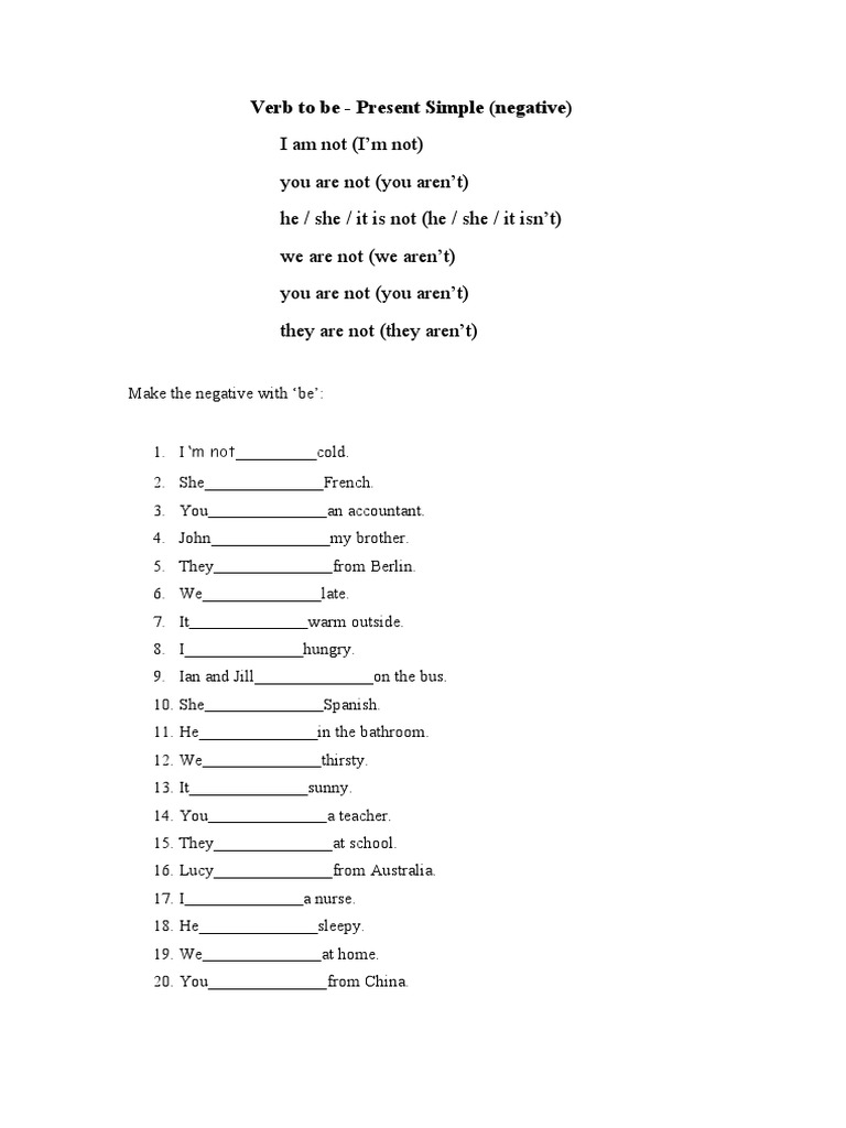 Verb To Be - Present Simple (Negative) | PDF