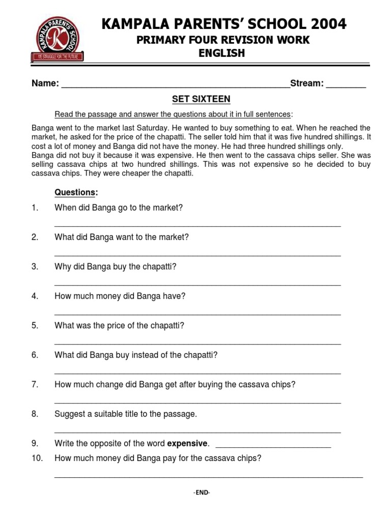 Kampala Parents' School 2004: Primary Four Revision Work English | PDF