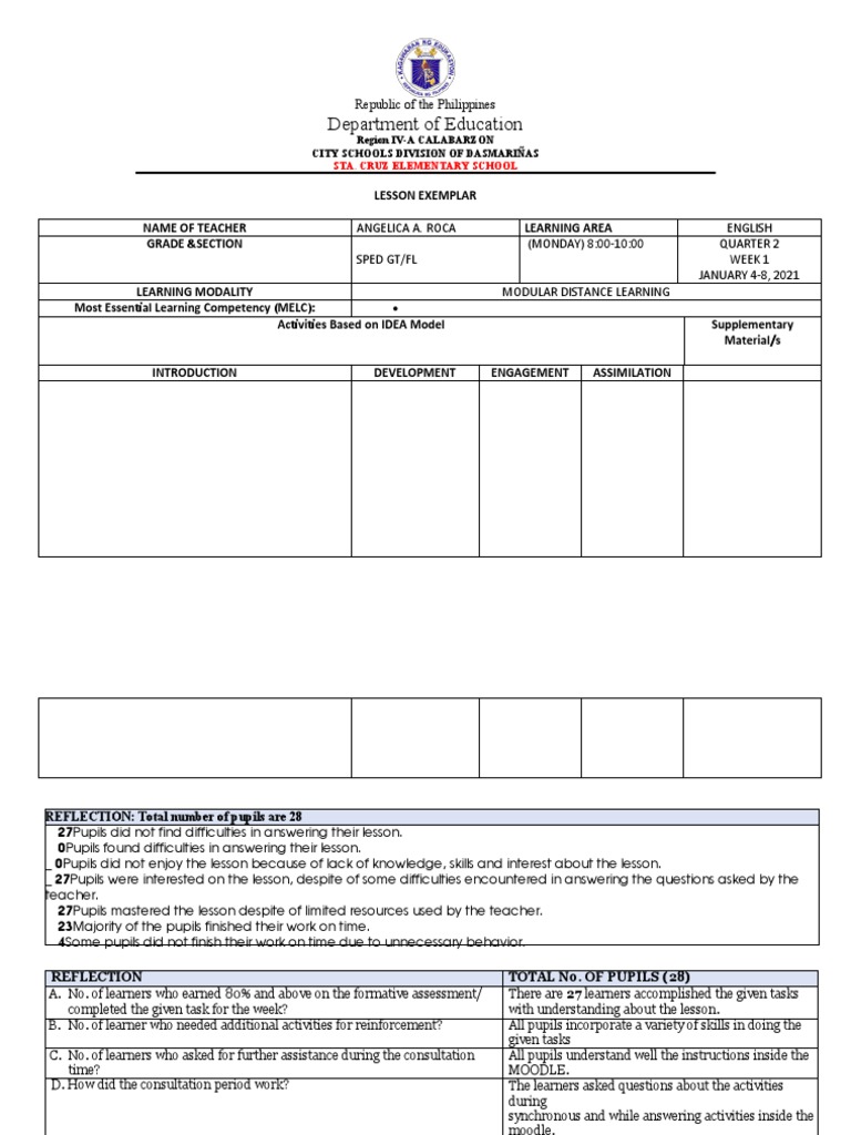 Idea Lesson Exemplar in English 6 Template | PDF | Learning | Teachers