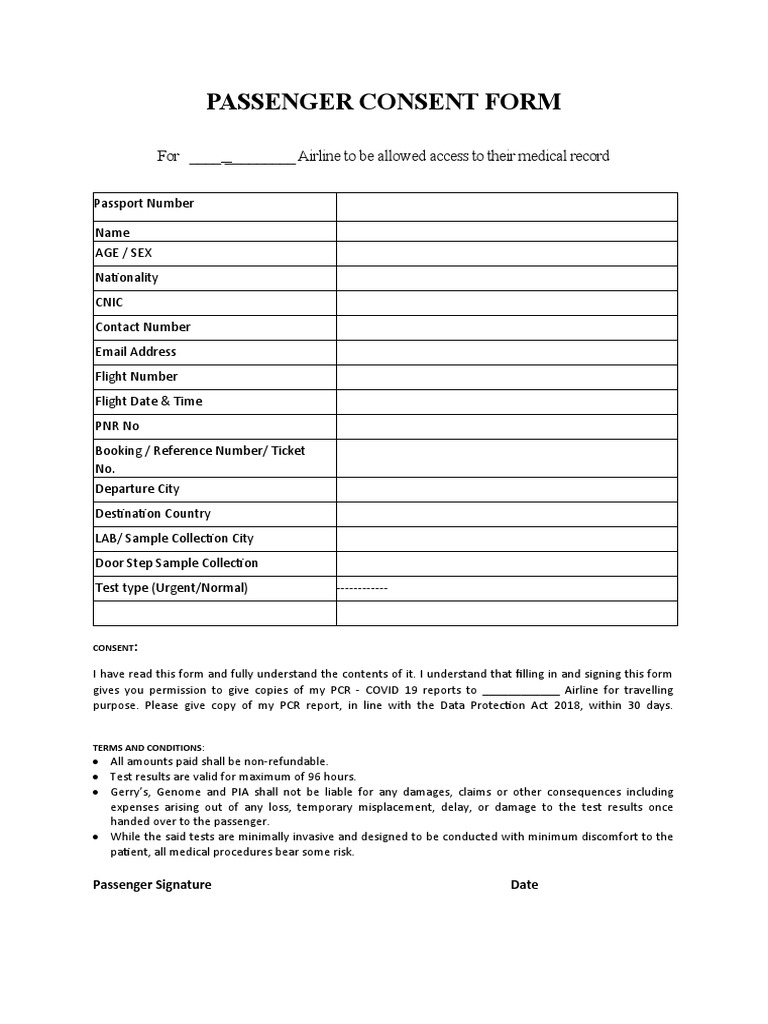 Passenger Consent Form: For - Airline To Be Allowed Access To Their ...