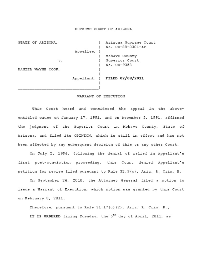 Death Warrant For Daniel Wayne Cook | PDF | Judgment (Law) | Appeal