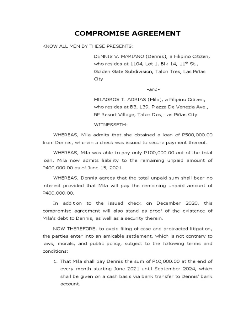 Compromise Agreement Sample | PDF | Private Law | Civil Law (Legal System)